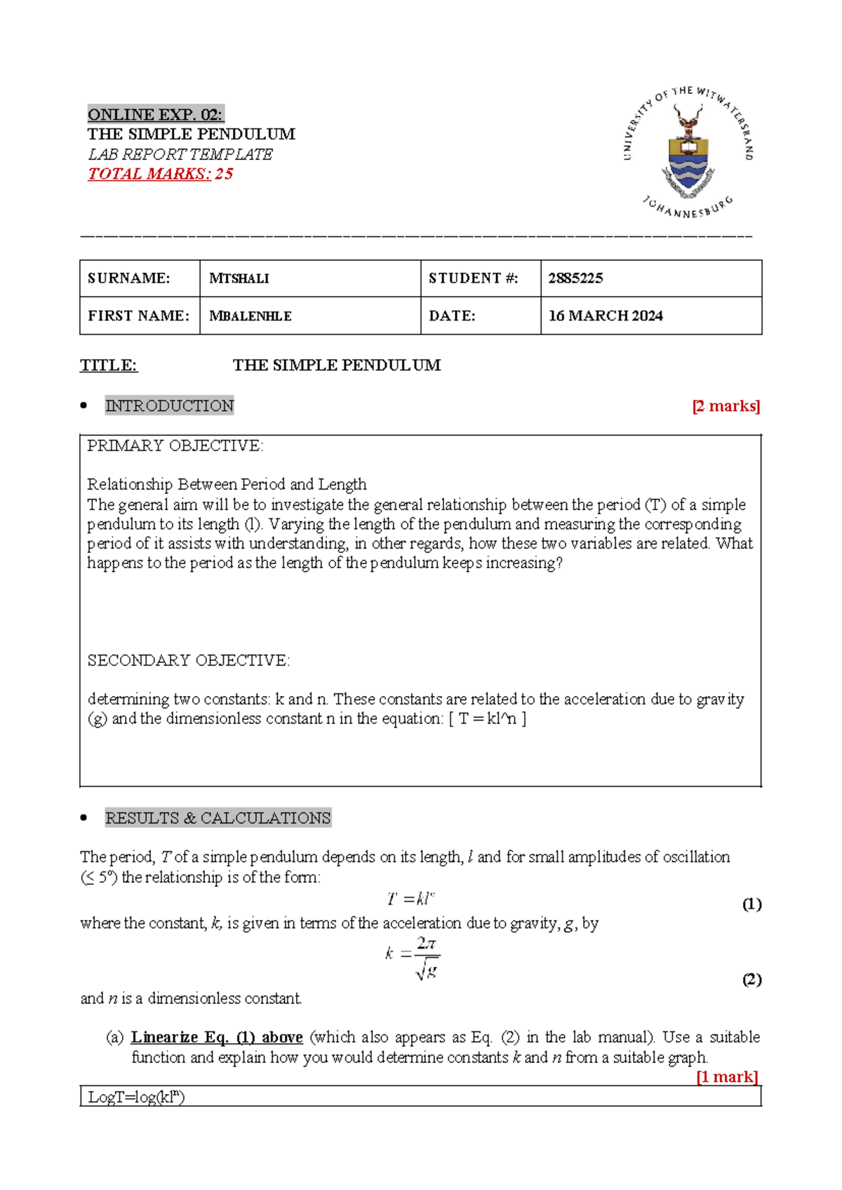 Simple pendulum - ONLINE EXP. 02: THE SIMPLE PENDULUM LAB REPORT ...