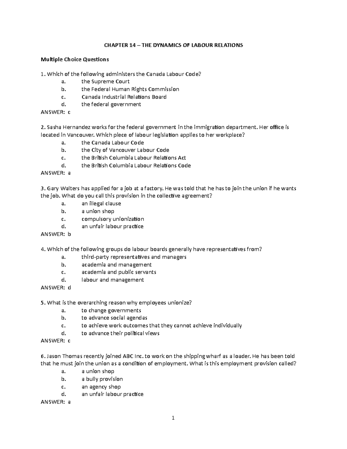 Chapter 14 - The Dynamics of Labour Relations - CHAPTER 14 – THE ...