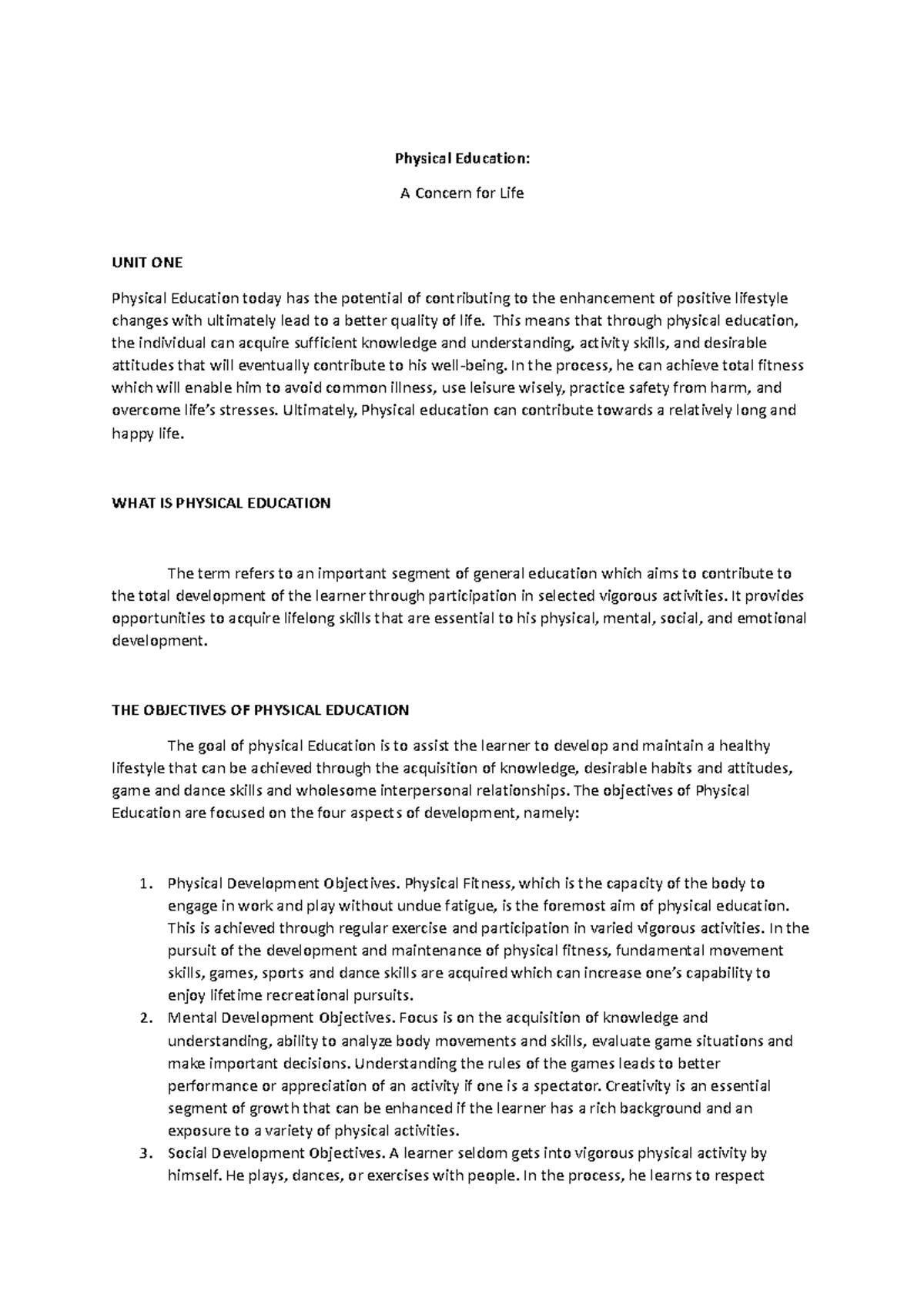 PATH-FIT-1 - About self - Physical Education: A Concern for Life UNIT ...