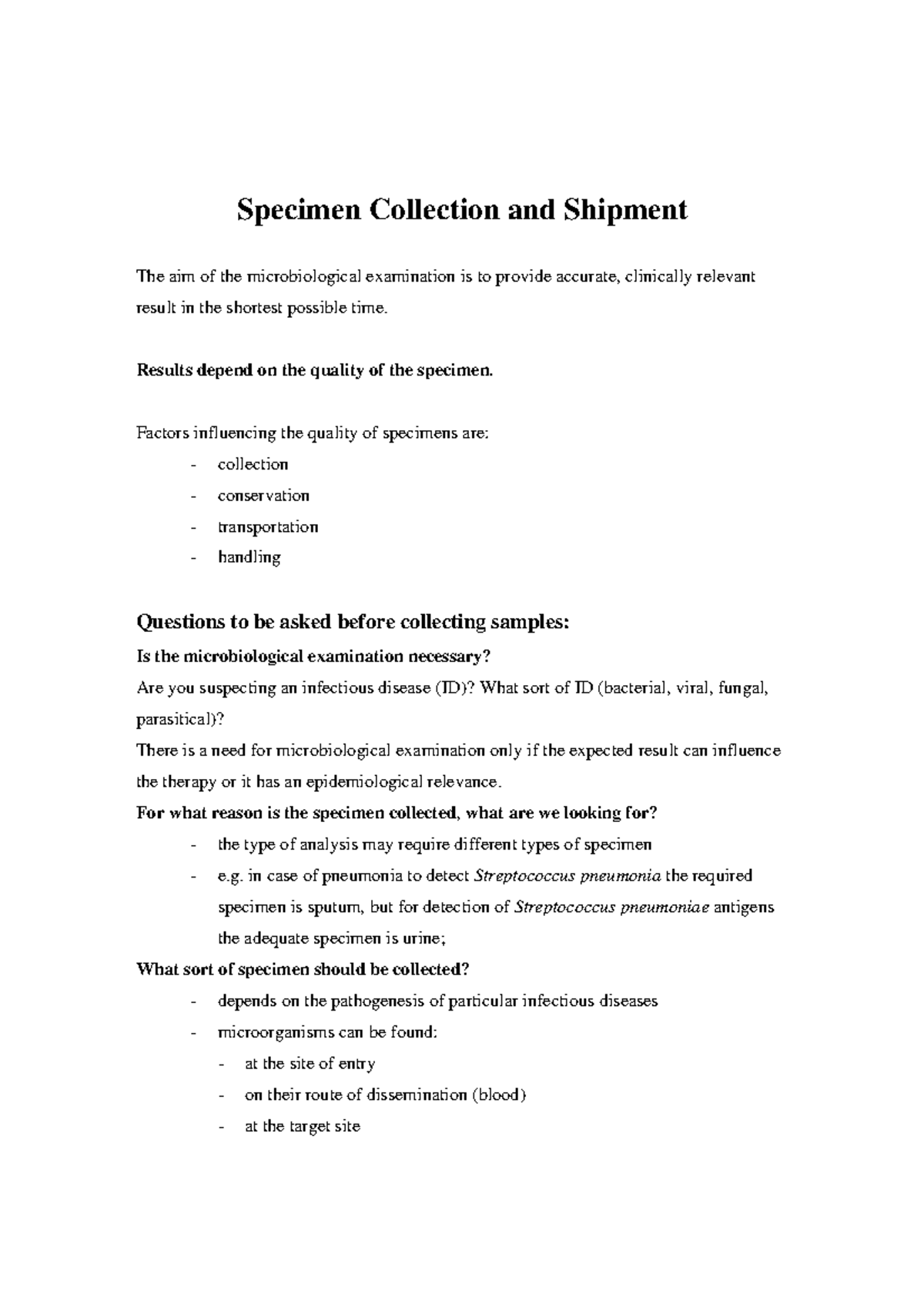 02 Specimen collection and shipment - Specimen Collection and Shipment ...