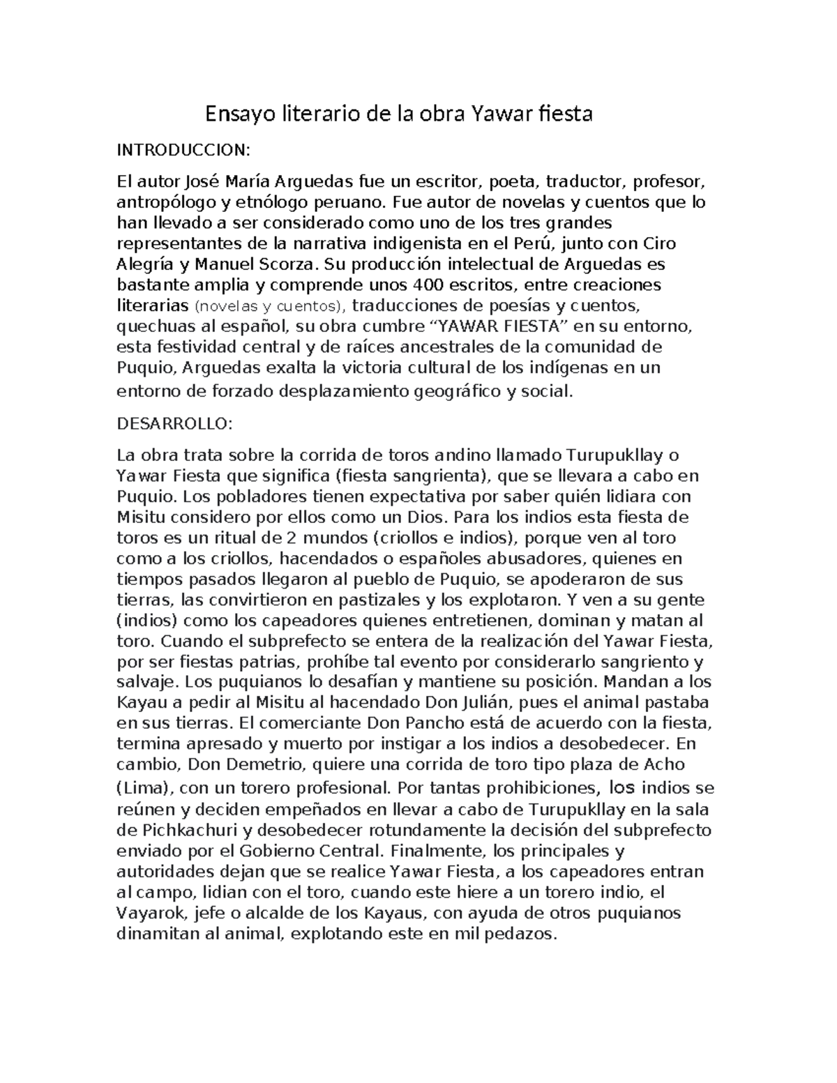 Ensayo literario de la obra Yawar fiesta - Ensayo literario de la obra Yawar fiesta INTRODUCCION ...