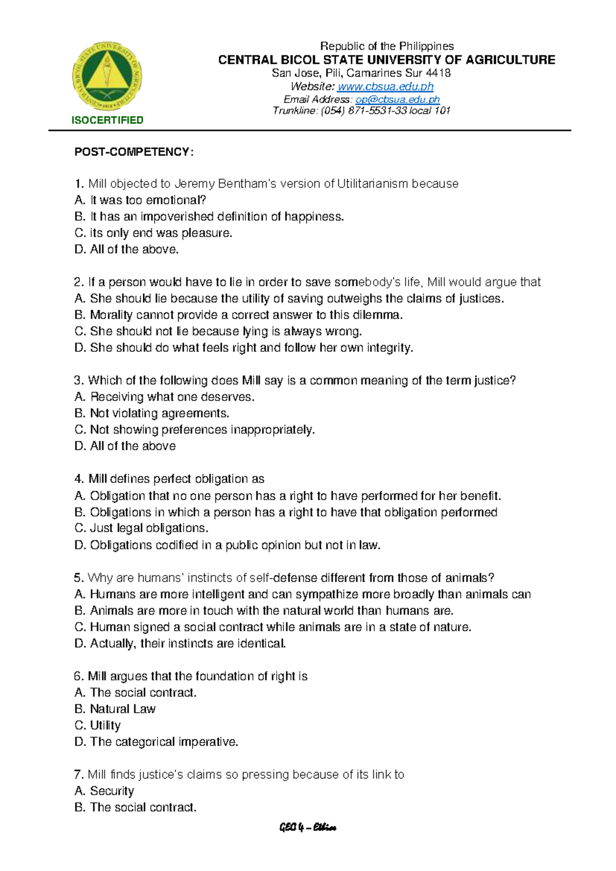 6. POST Competency Assessment - ISOCERTIFIED Republic of the Philippines CENTRAL BICOL STATE ...