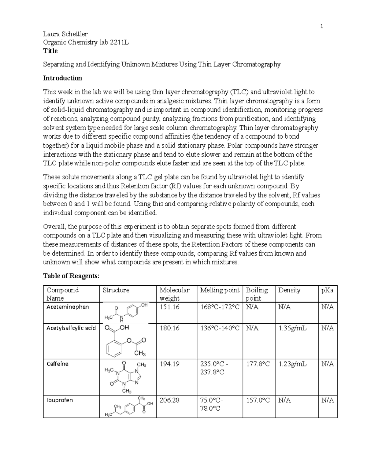 Ochem experiment 4 - Laura Schettler Organic Chemistry lab 2211L Title ...