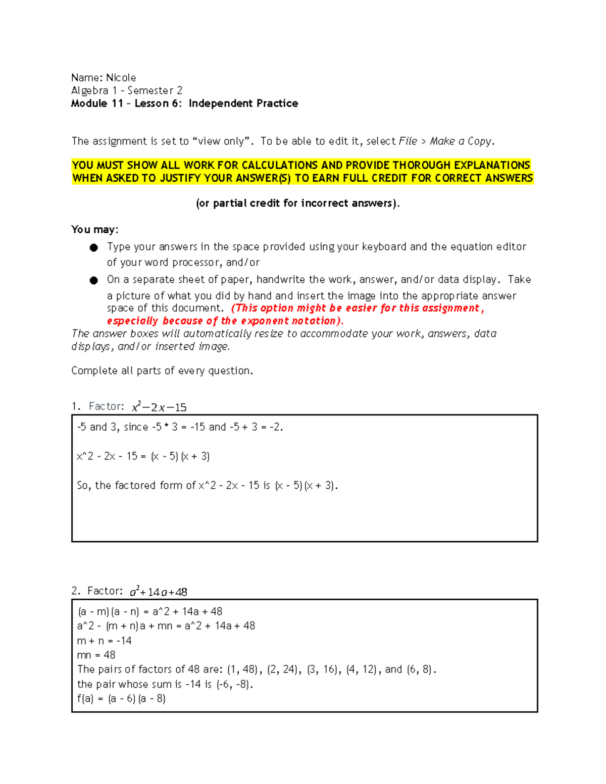 Copy of M11L6 Independent Practice Assignment (22-23) - Name: Nicole ...