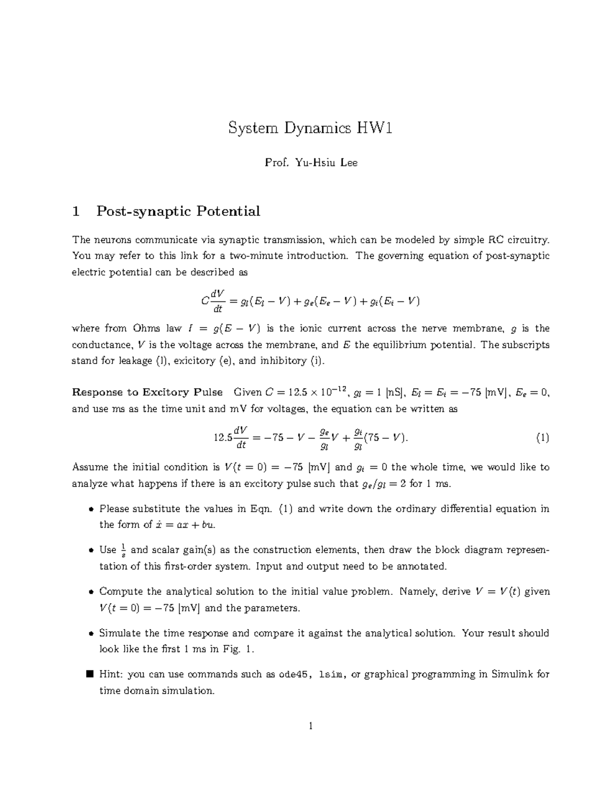 112 1 System Dynamics HW1-2 - System Dynamics HW Prof. Yu-Hsiu Lee 1 ...