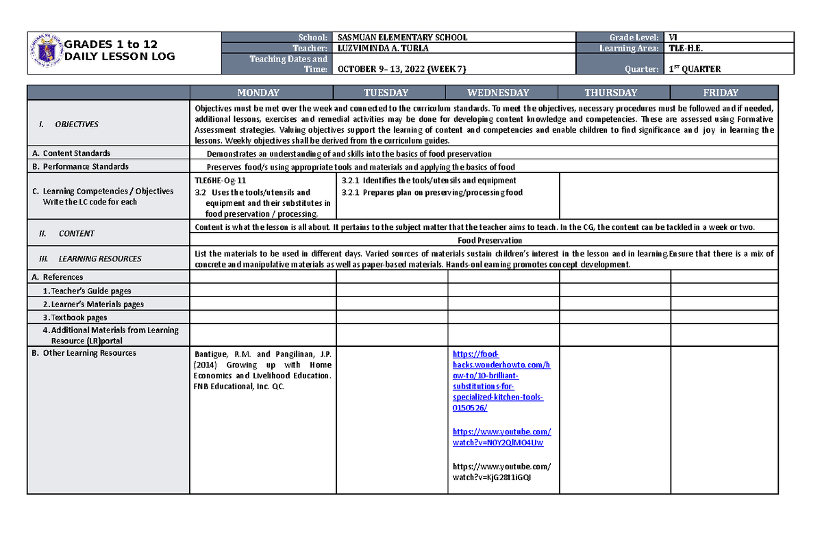 TLE DLL Q1 WEEK 7 - DLL FOR 2023 2024 - GRADES 1 to 12 DAILY LESSON LOG ...
