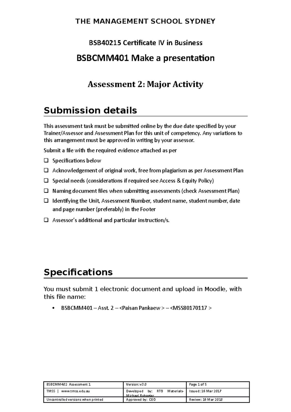 Bsbcmm 401 Assessment 2 - BSB40215 Certificate IV in Business BSBCMM401 ...