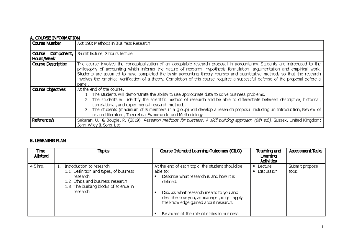Methods in Business Research - A. COURSE INFORMATION Course Number Act ...