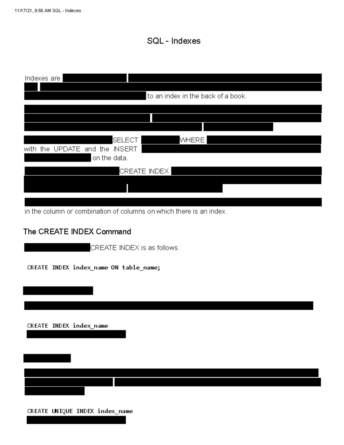 SQL - Indexes - 11/17/21, 9:56 AM SQL - Indexes SQL - Indexes Indexes ...
