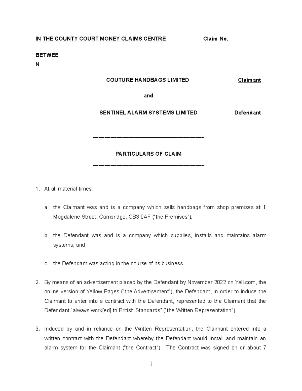 1. WS6 Particulars of Claim Couture v Sentinel - IN THE COUNTY COURT ...