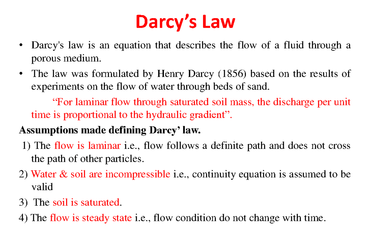 Darcy S LAW It s Lecture Note Darcy s Law Darcy s Law Is An
