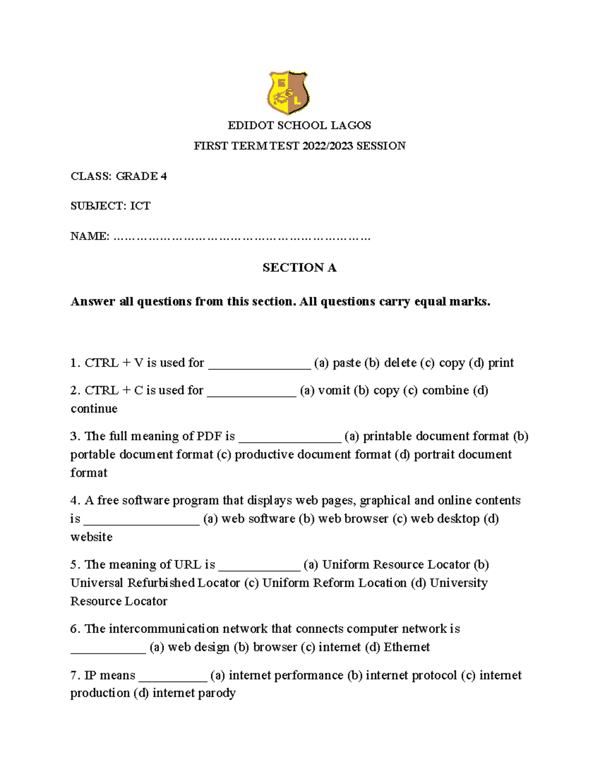 Grade 4 ICT Test - It's an organized set-up questions - EDIDOT SCHOOL ...