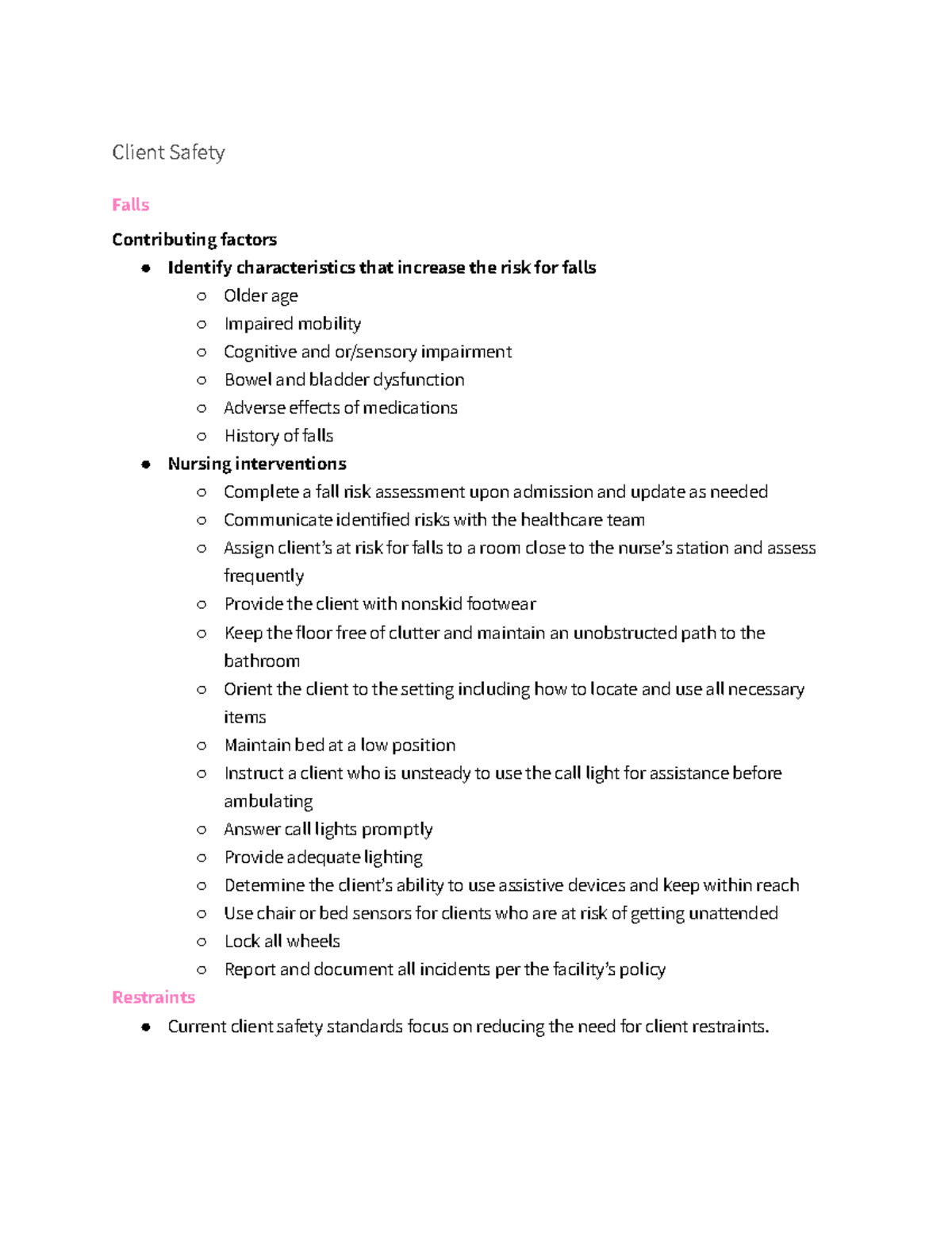 Fundamentals Capstone notes - Client Safety Falls Contributing factors ...