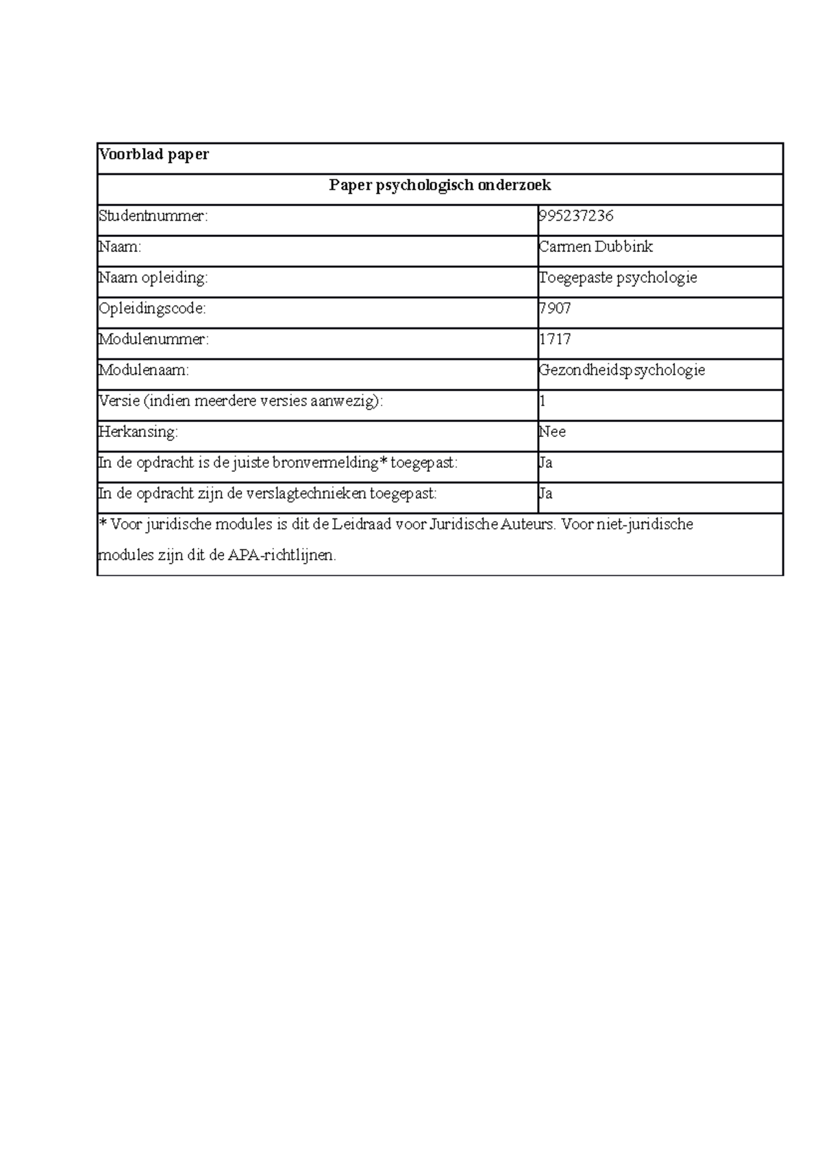 Paper gezondheidspsychologie - Voorblad paper Paper psychologisch ...
