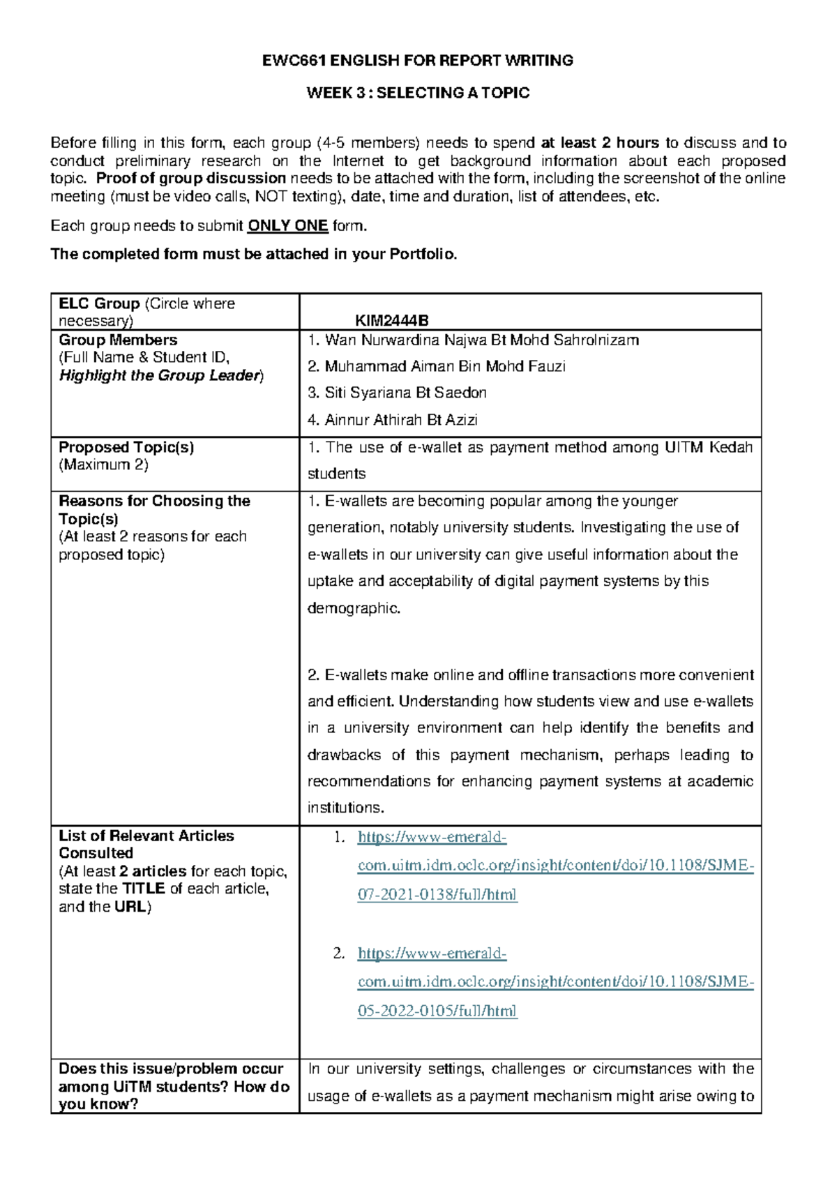 EWC Proposal FORM Group 6 - EWC661 ENGLISH FOR REPORT WRITING WEEK 3 ...