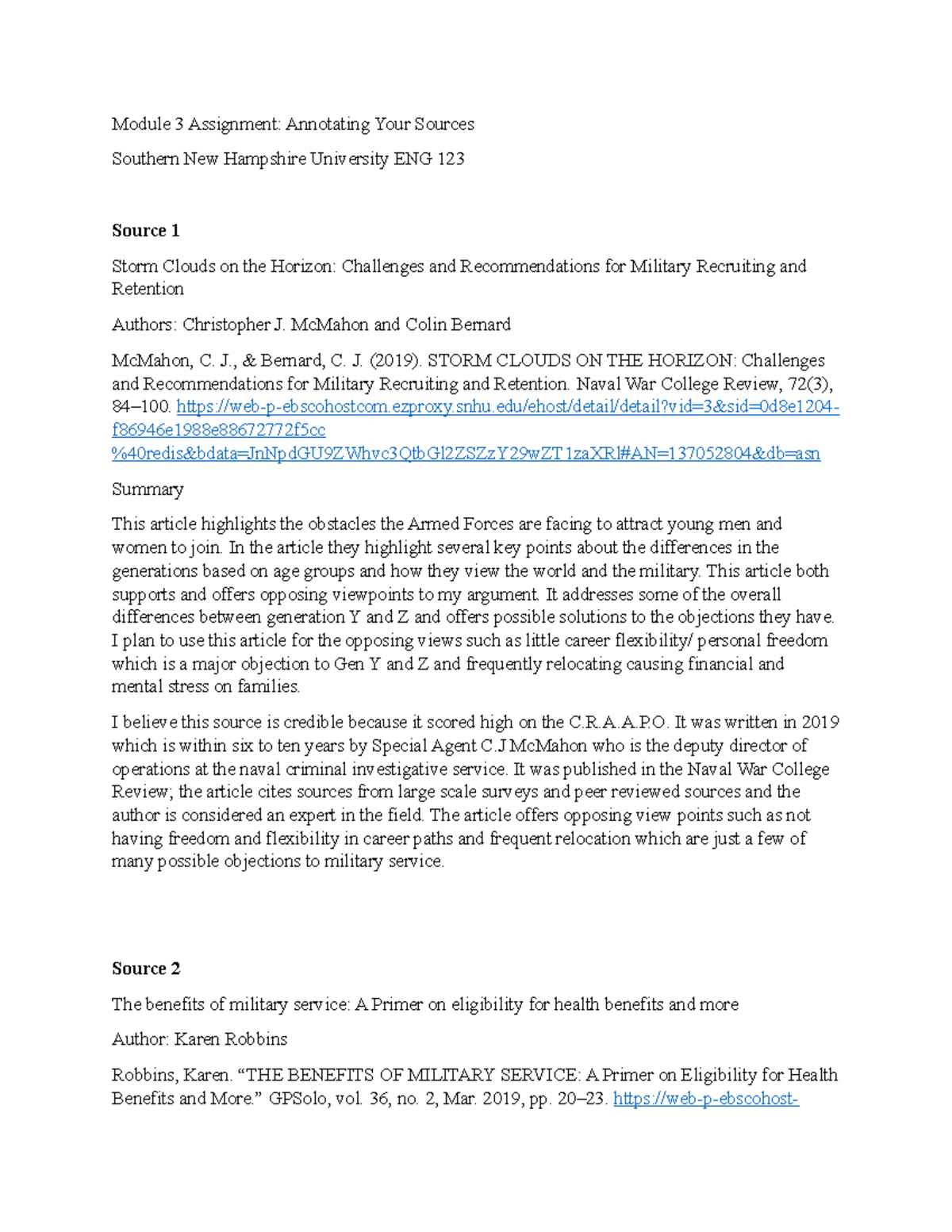 ENG 123 Module 3-4 Assignment - Module 3 Assignment: Annotating Your Sources Southern New ...