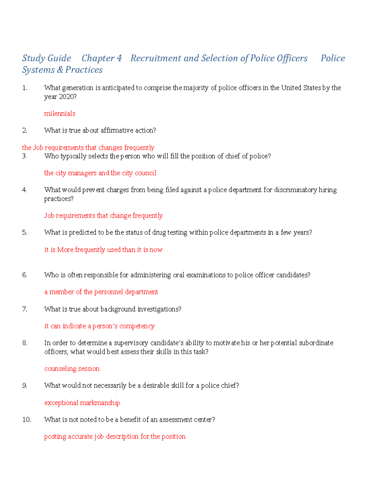 Study Guide Chapter 4-Recruitment and Selection of Police Officers (1 ...
