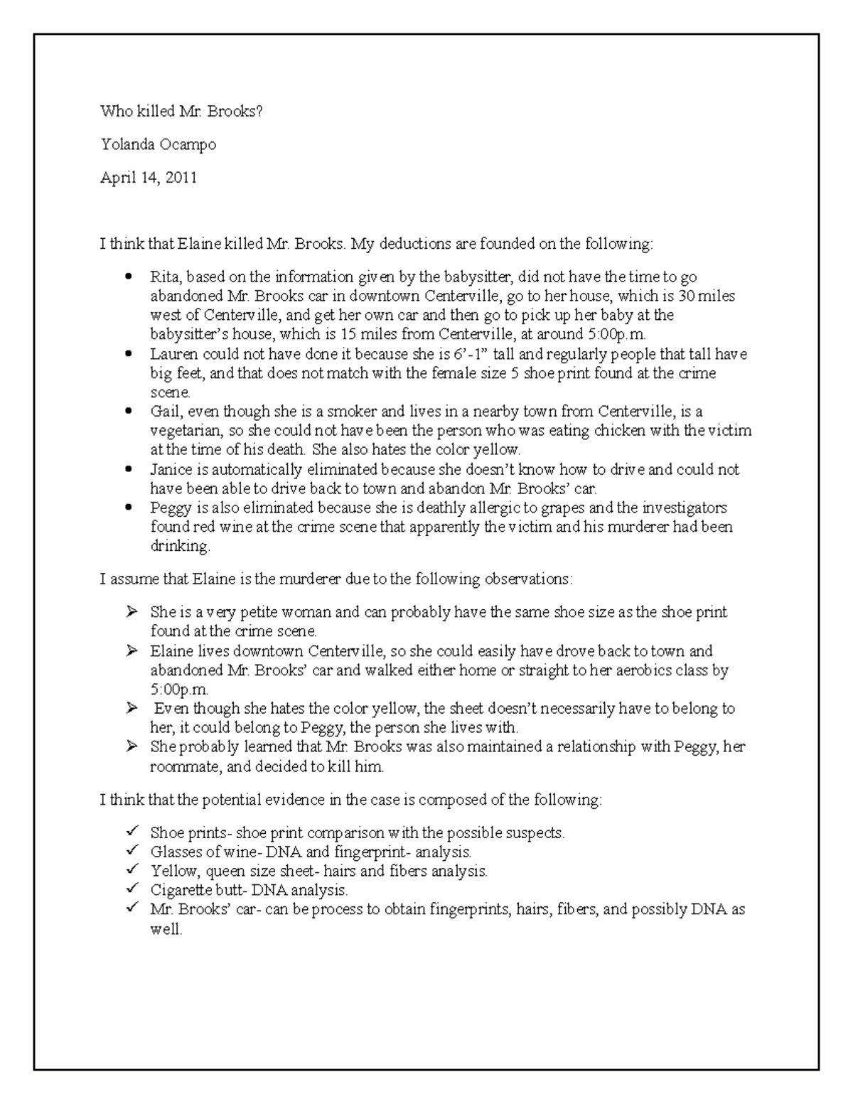 Who killed Mr. Brooks - assignment for first week - Who killed Mr ...