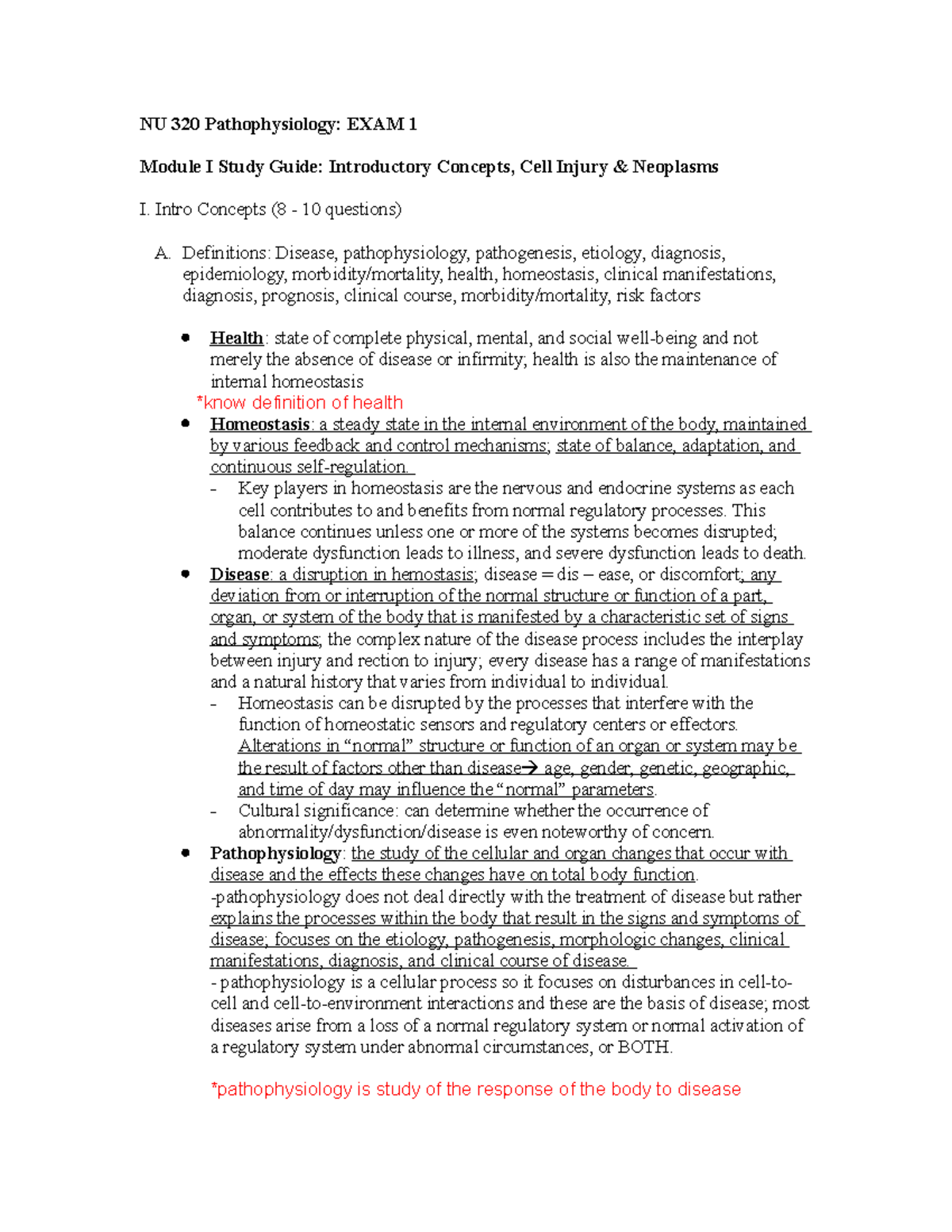Exam 1 Study Guide Pathophysiology Outlined - NU 320 Pathophysiology ...