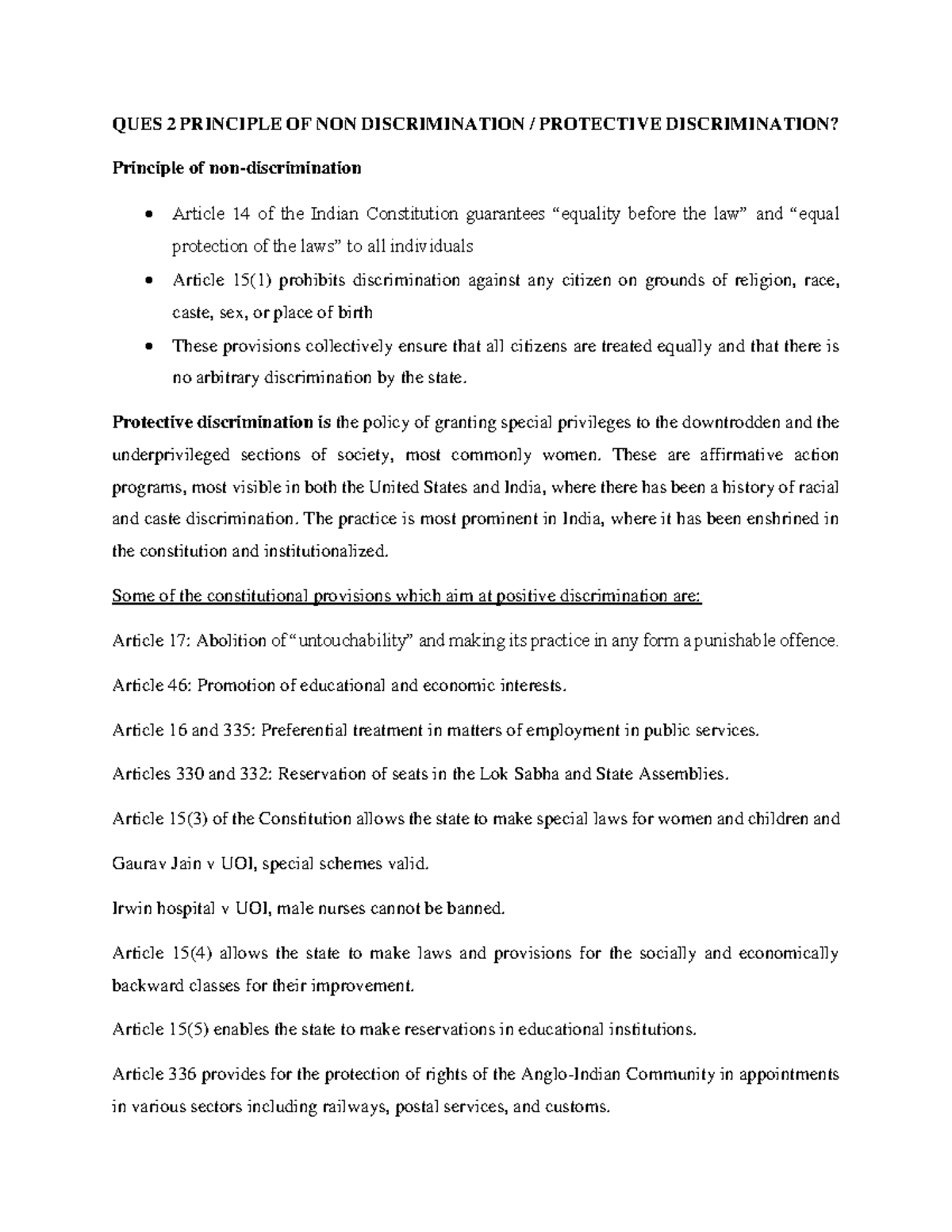 Unit II Law and Social - QUES 2 PRINCIPLE OF NON DISCRIMINATION ...