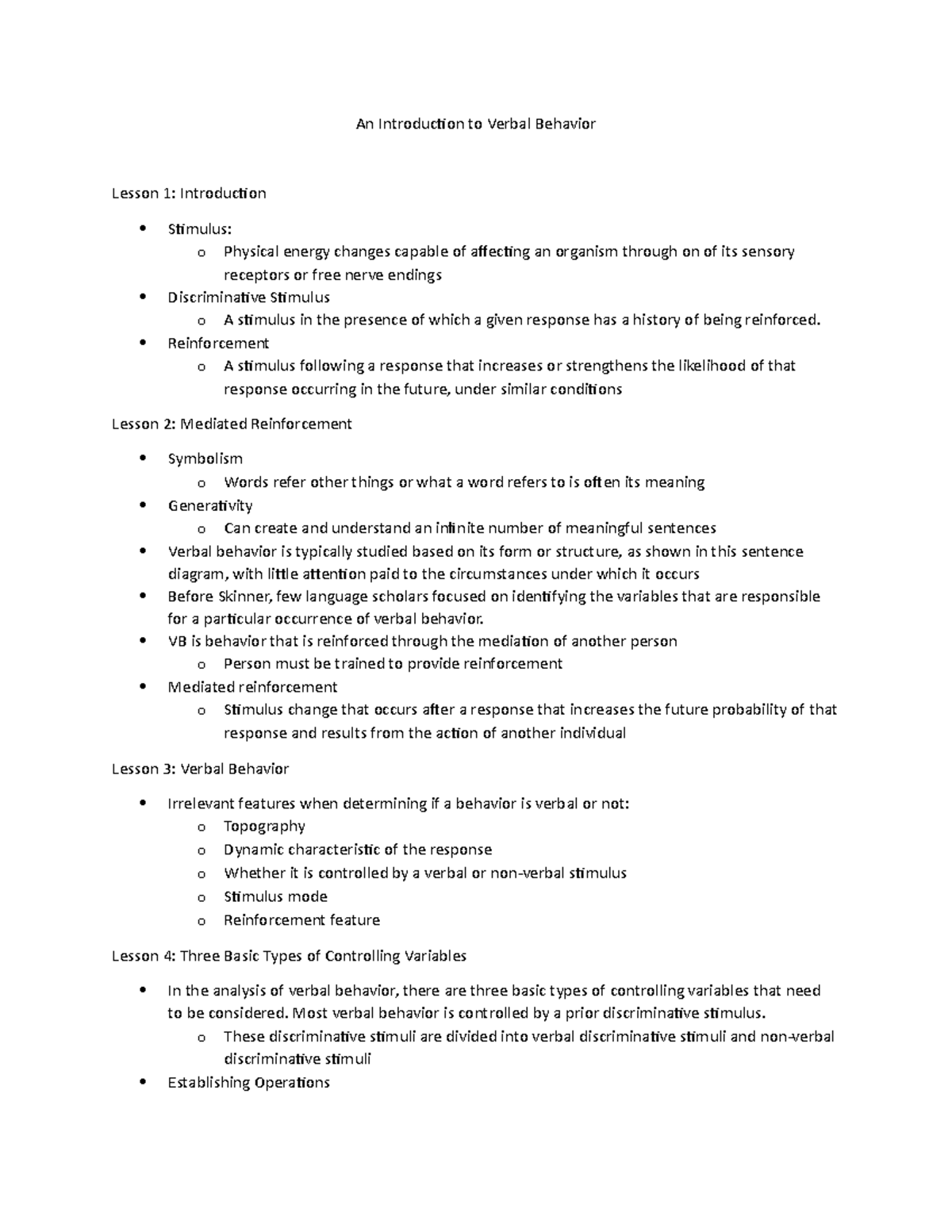 An Introduction to Verbal Behavior - Reinforcement o A stimulus ...