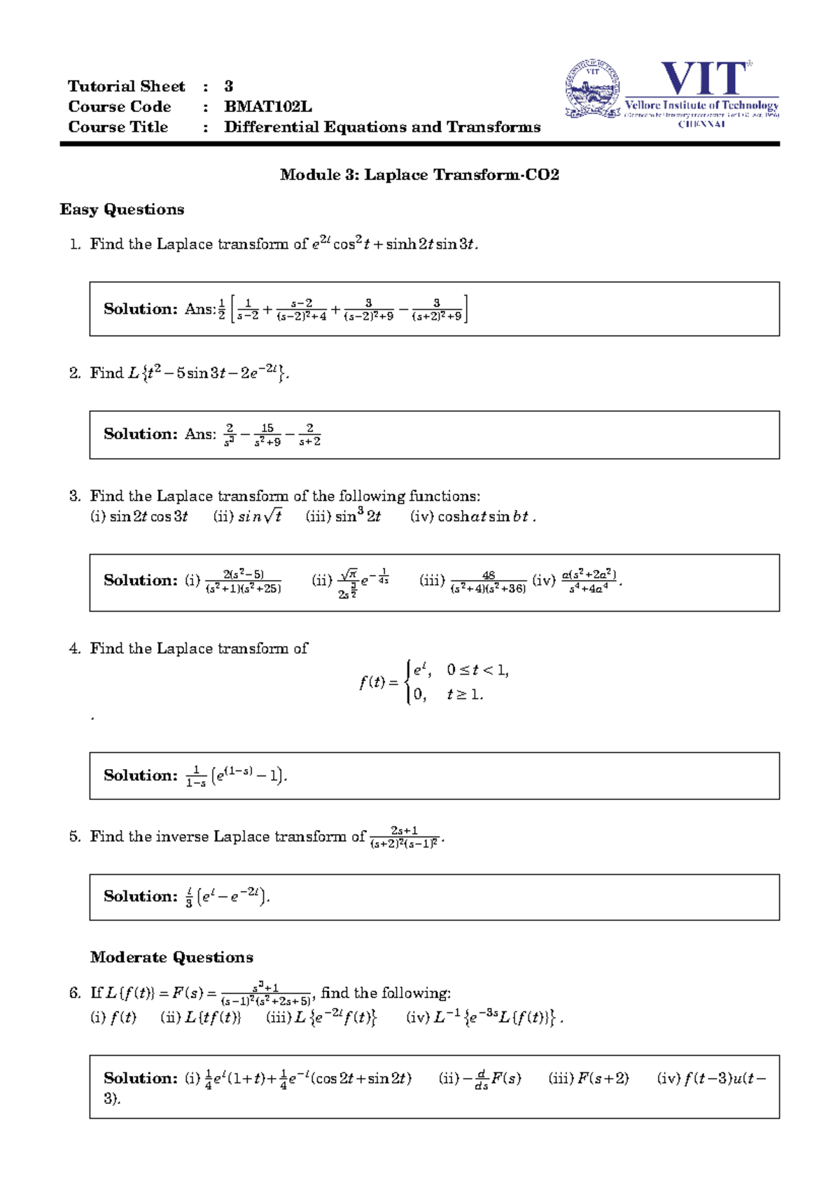 Module 3-Tutorial Sheet-DET-BMAT102L Updated - Tutorial Sheet : 3 ...