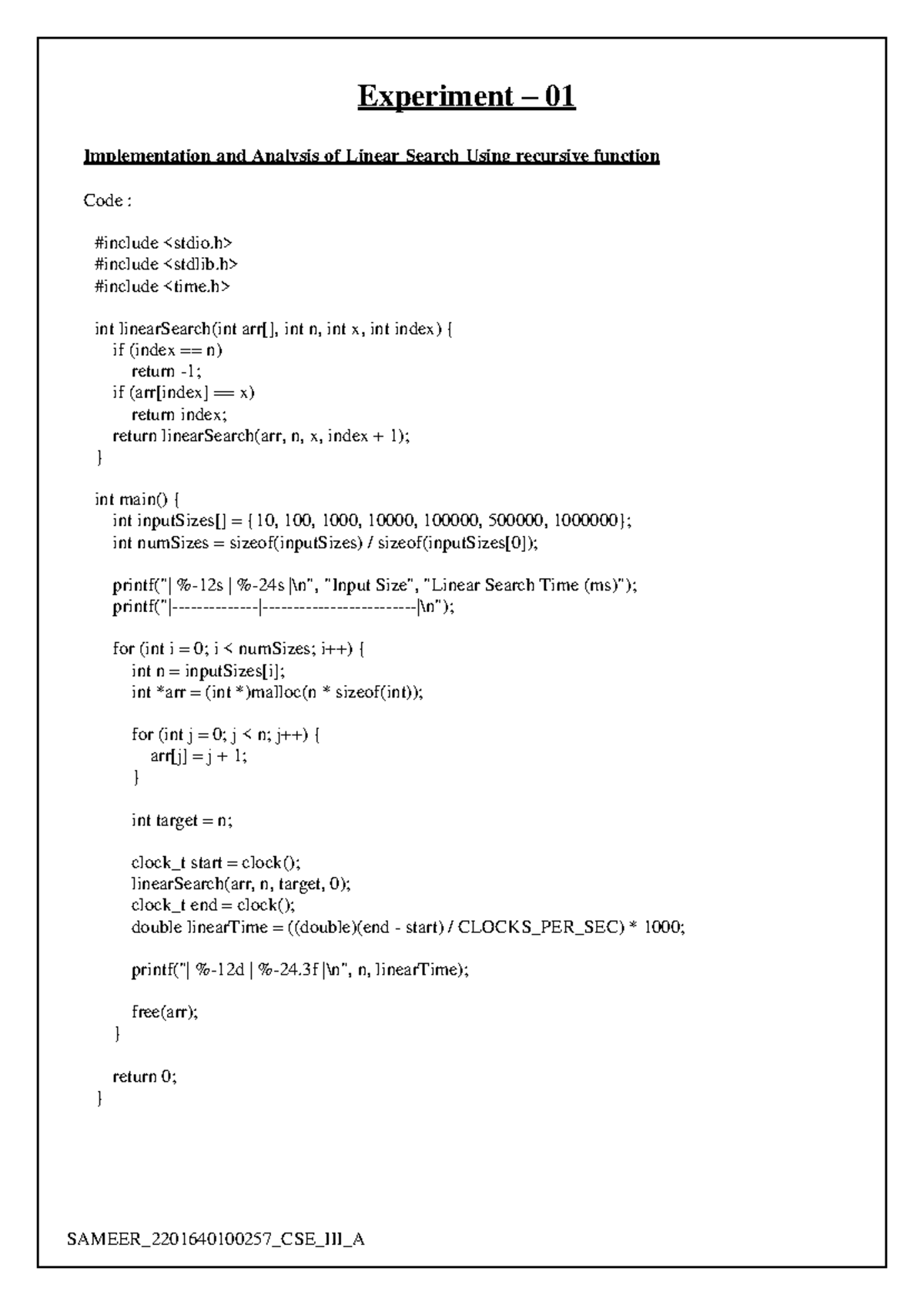 Final DAA - DAA Project File - Experiment – 01 Implementation and ...