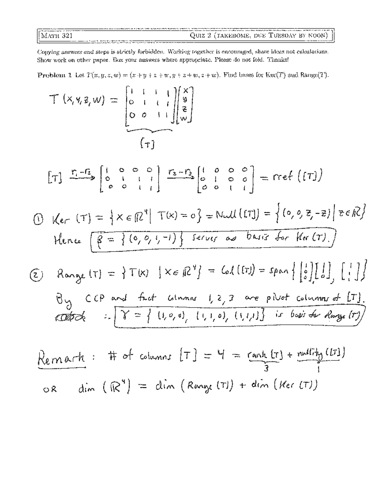 Linear Algebra Quiz 2 - solutions - MATH 321 Quiz 2 (TAKEHOME, DUE ...