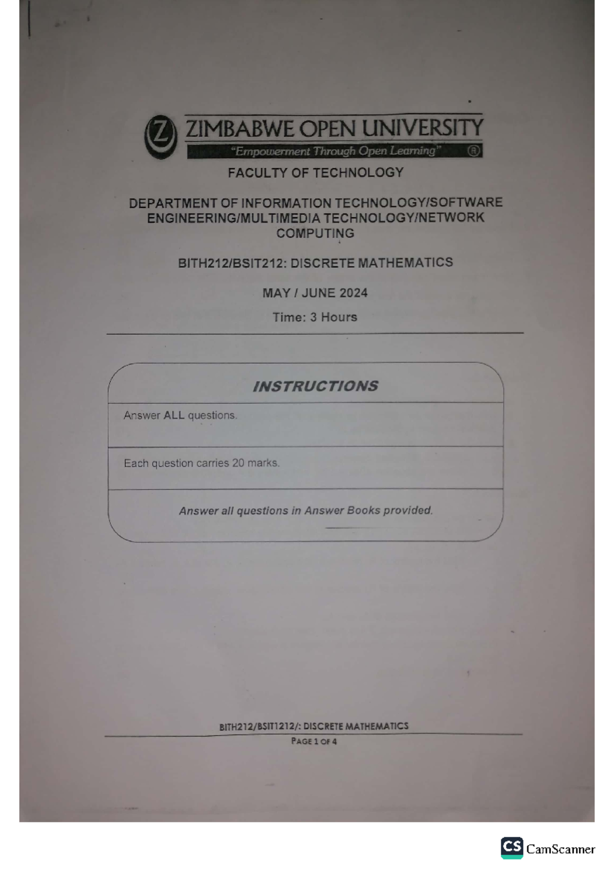 Discrete Maths - question paper - Z ZIMBABWE OPEN UNIVERSITY Through ...
