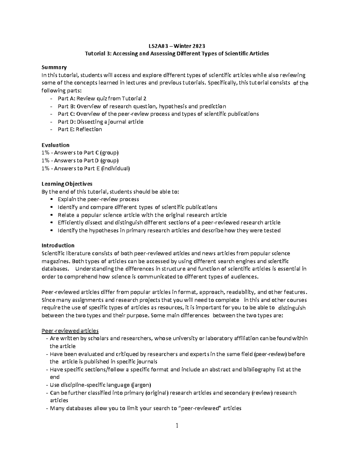 Tutorial 3 Research Articles student - LS2A03 – Winter 2023 Tutorial 3: Accessing and Assessing ...