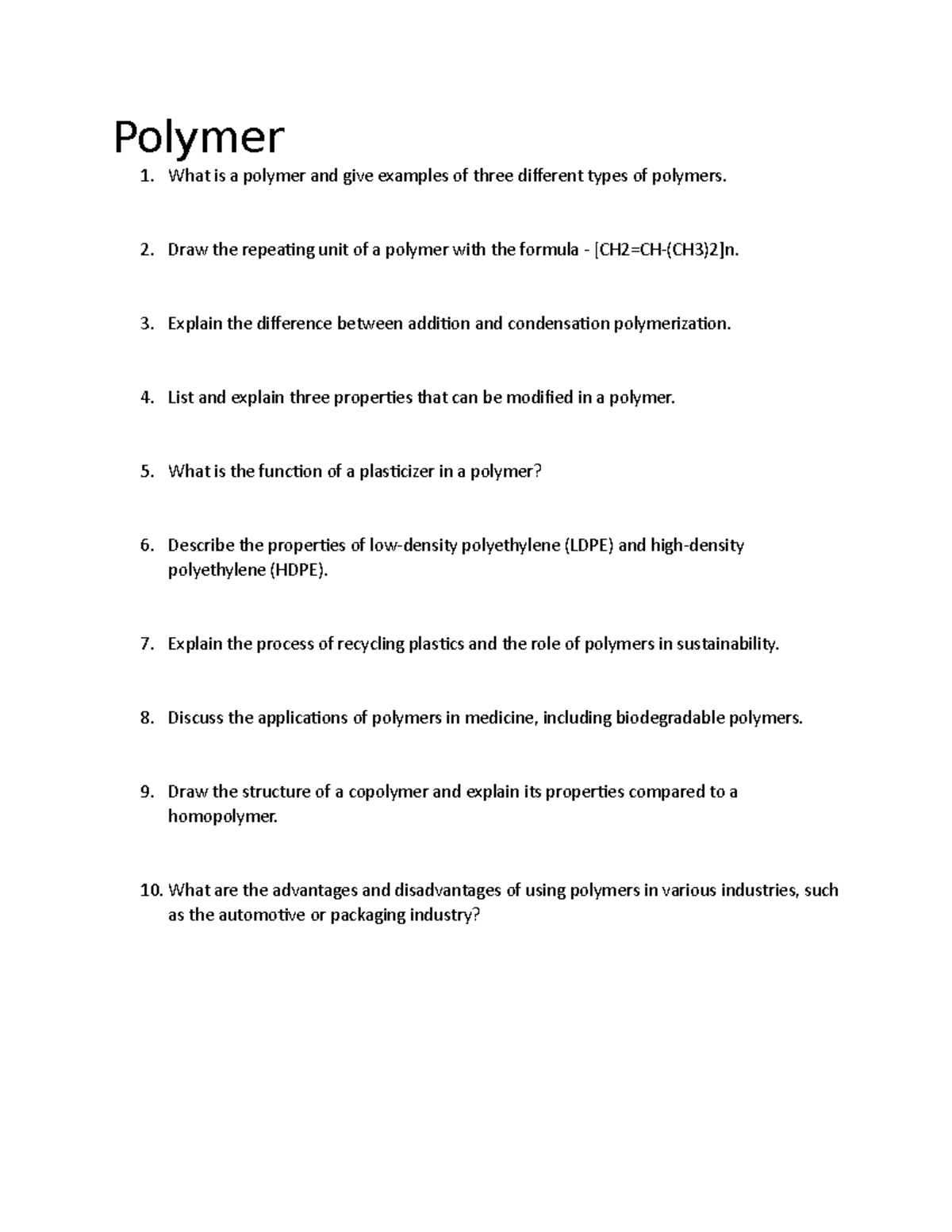 Polymer - self-made worksheet for chemistry 102 - Polymer 1. What is a ...