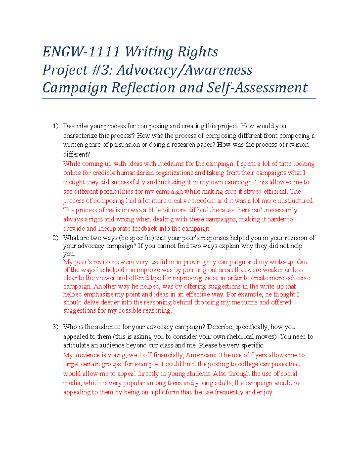 Project 3 Reflection - Grade: A - ENGW-1111 Writing Rights Project #3: Advocacy/Awareness ...