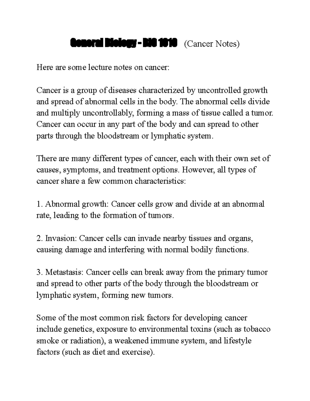 BIO - Cancer Notes - General Biology - BIO 1010 (Cancer Notes) Here are ...