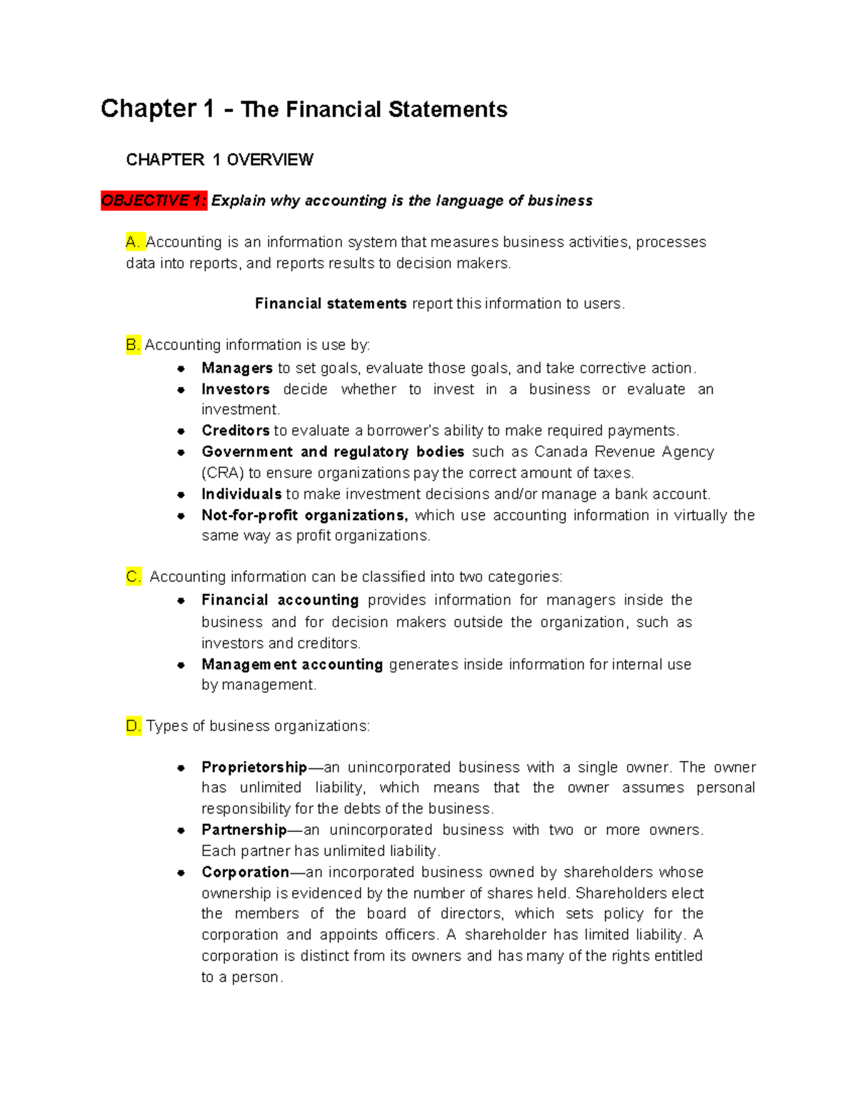 COMM 1AA3 - Chapter 1,2,3 Notes - Chapter 1 - The Financial Statements ...