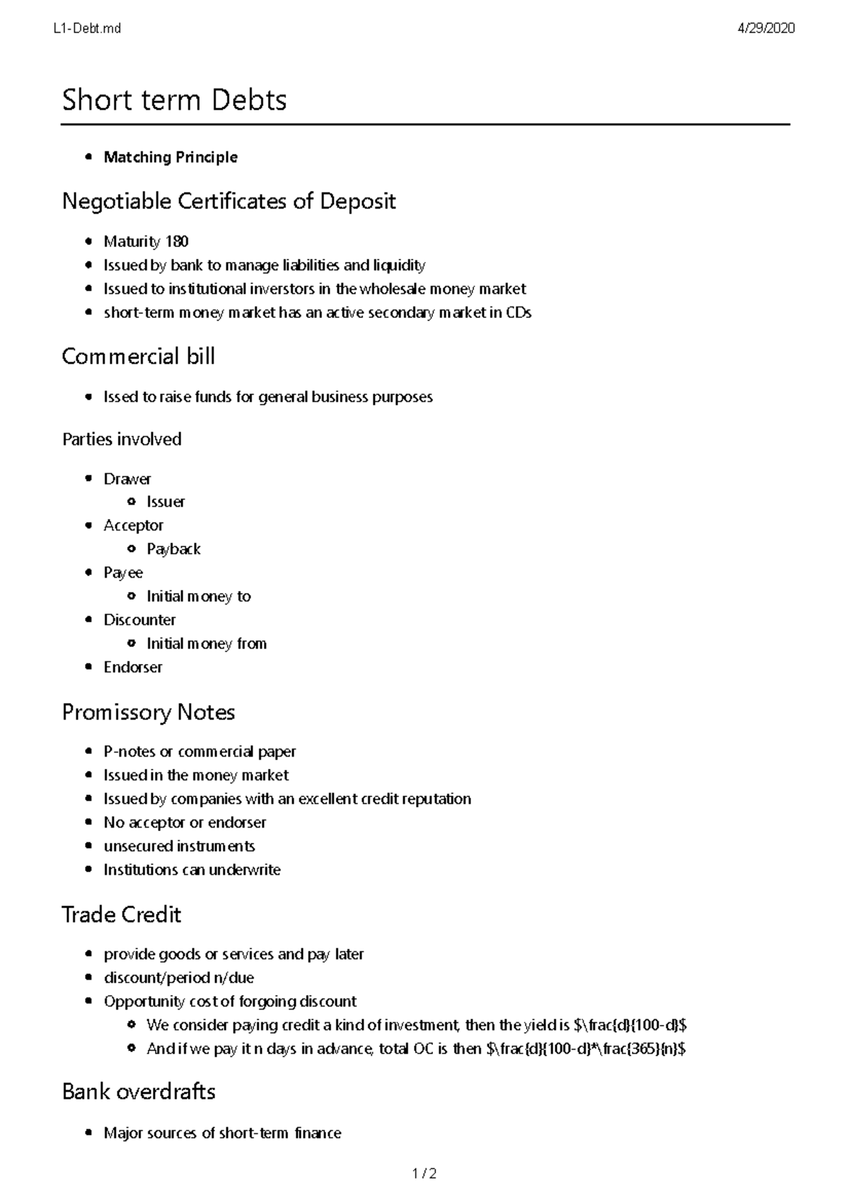 L1-Debt - Conclusion of Debt - L1-Debt 4/29/ 1 / 2 Short term Debts ...