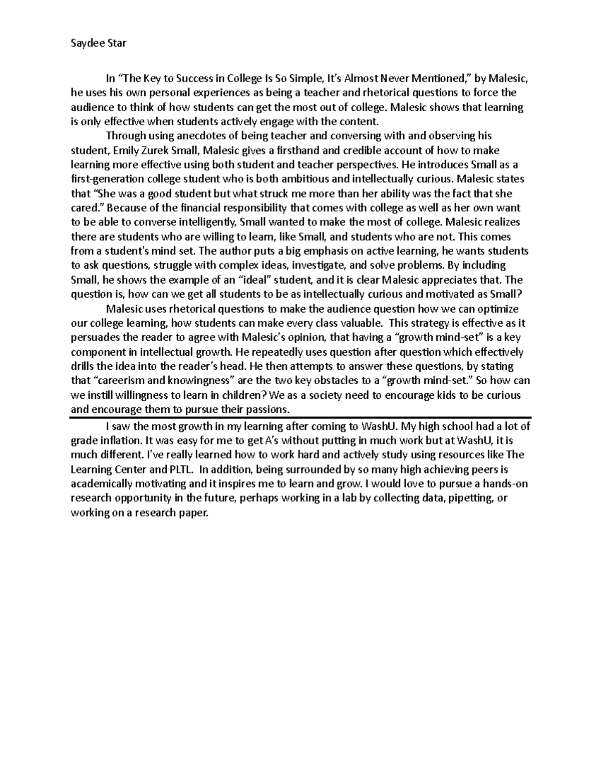 College writing lit yay - Saydee Star In “The Key to Success in College ...