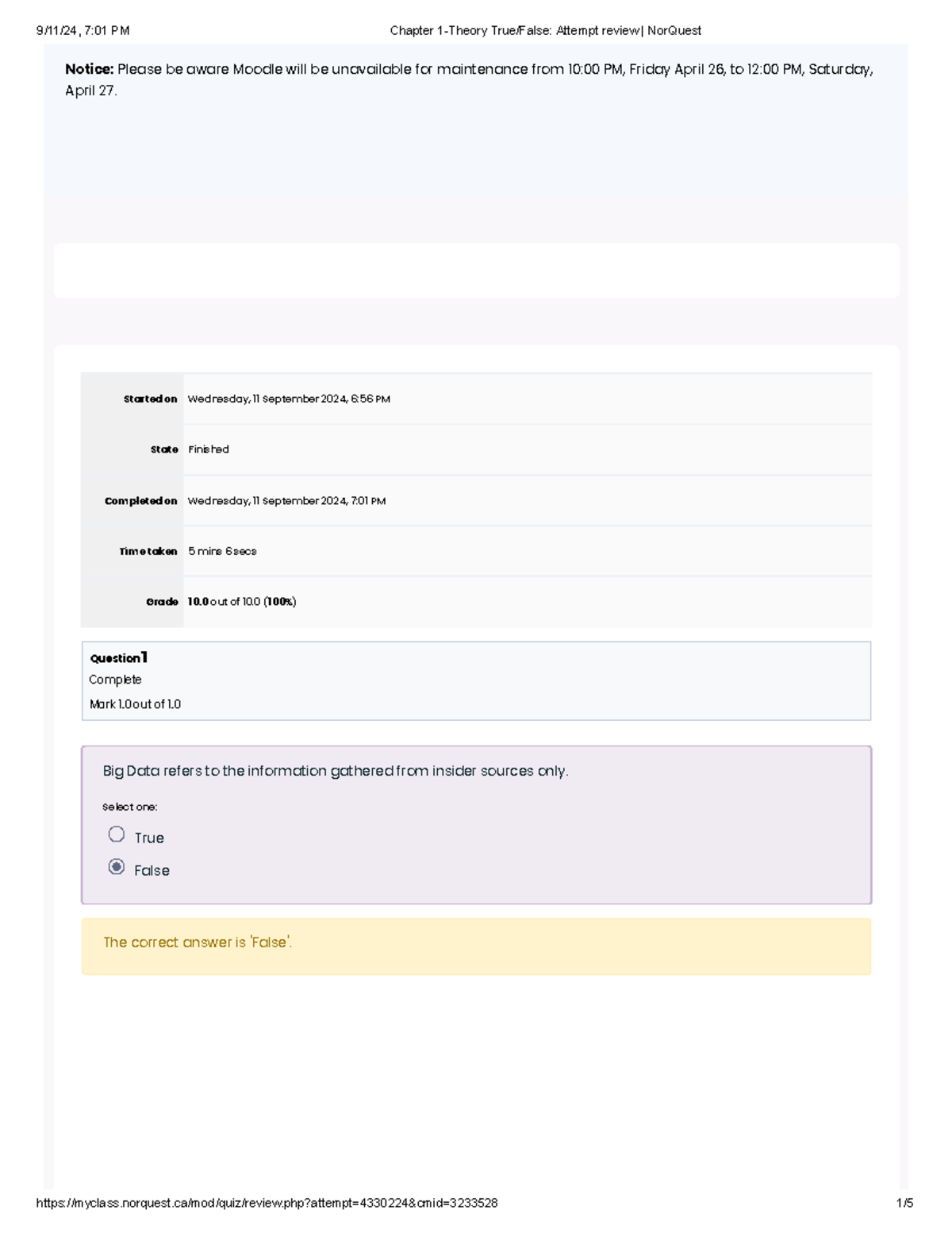 Chapter 1-Theory True False Attempt review Nor Quest 2 - Started on Wednesday, 11 September 2024 ...