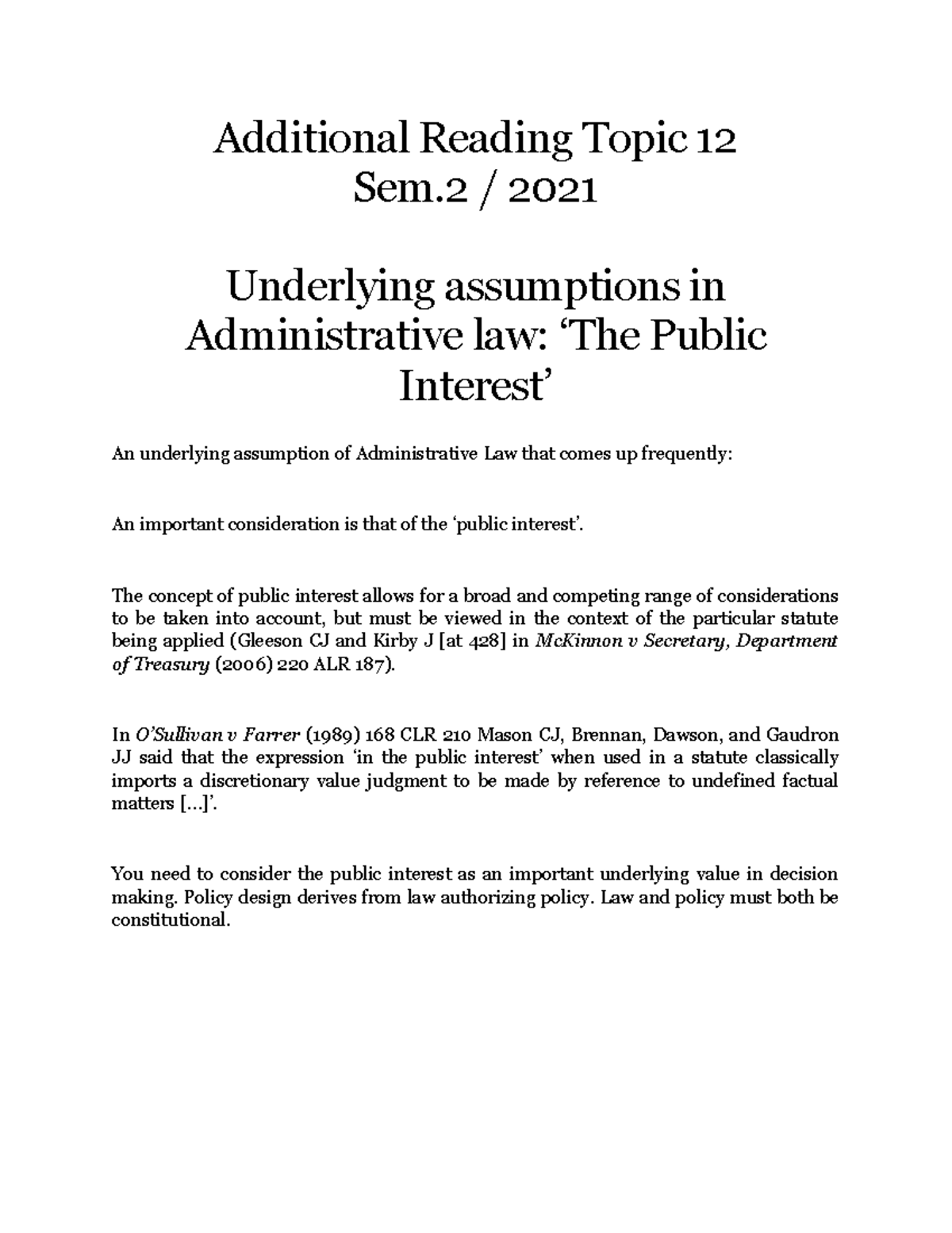 Topic 12 Underlying assumptions in Administrative law Public Interest ...