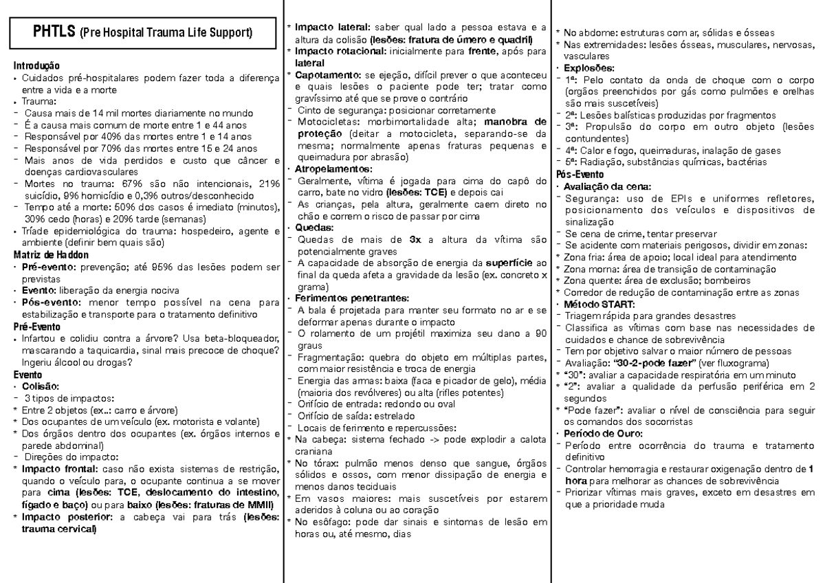 Phtls resumo - PHTLS (Pre Hospital Trauma Life Support) Cuidados podem ...