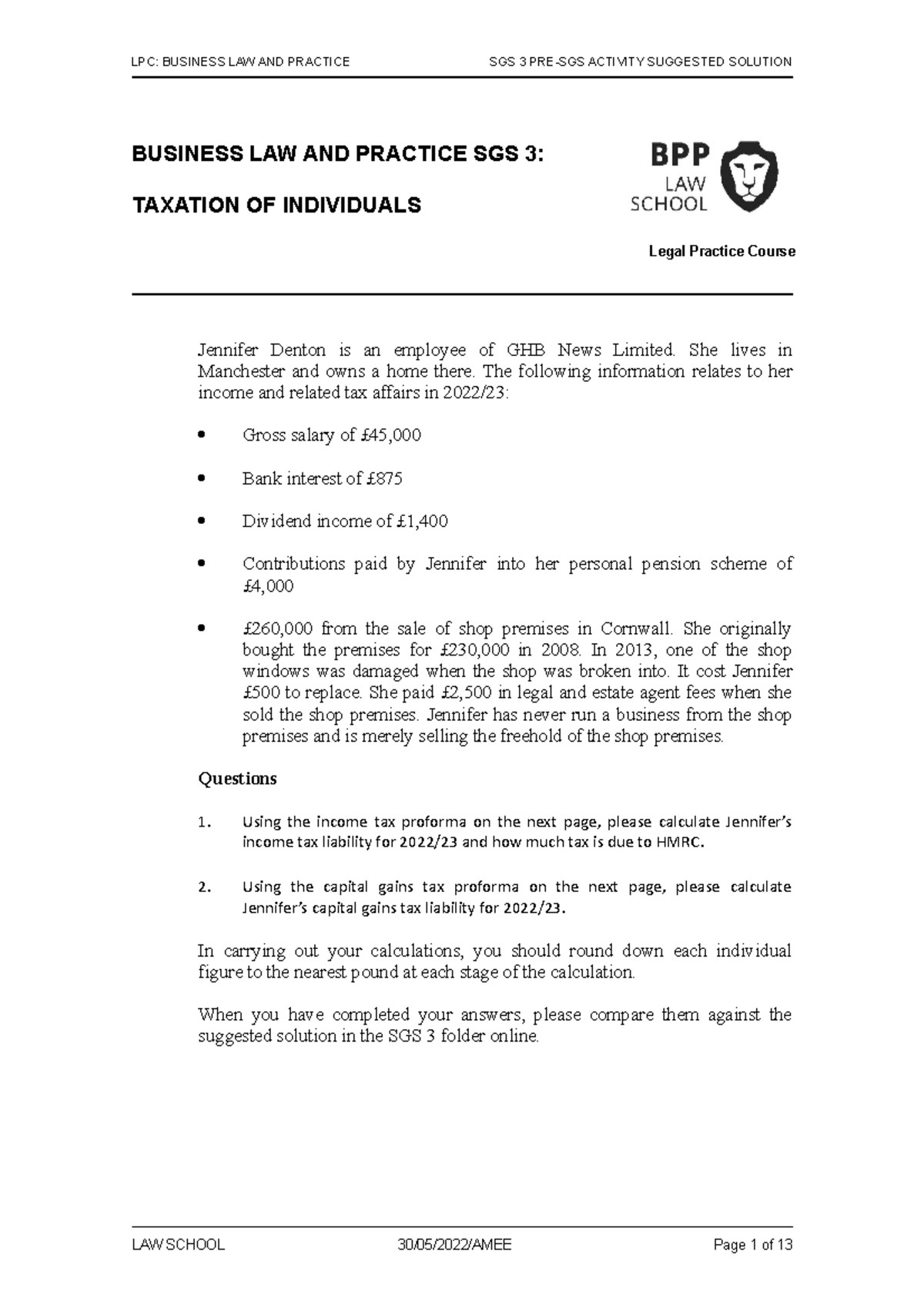SGS 3 - Completed - Matt Roden - LPC: BUSINESS LAW AND PRACTICE SGS 3 ...