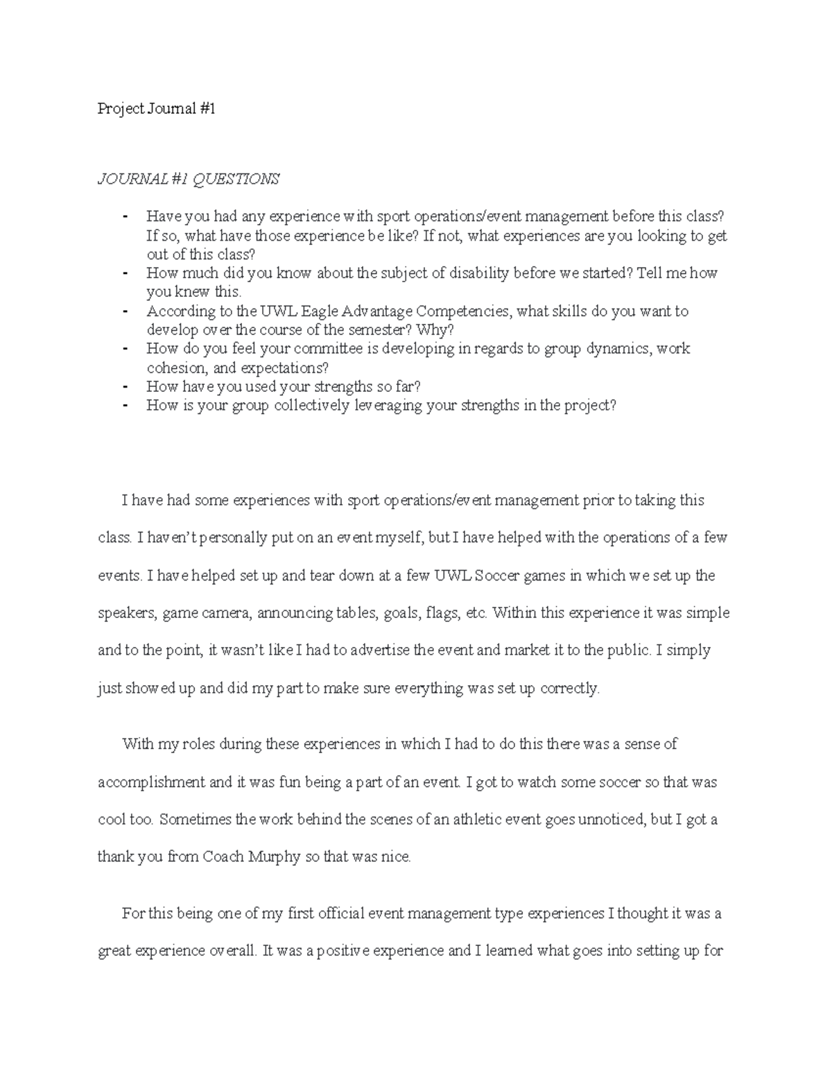 Project Journal #1 - According to the UWL Eagle Advantage Competencies ...