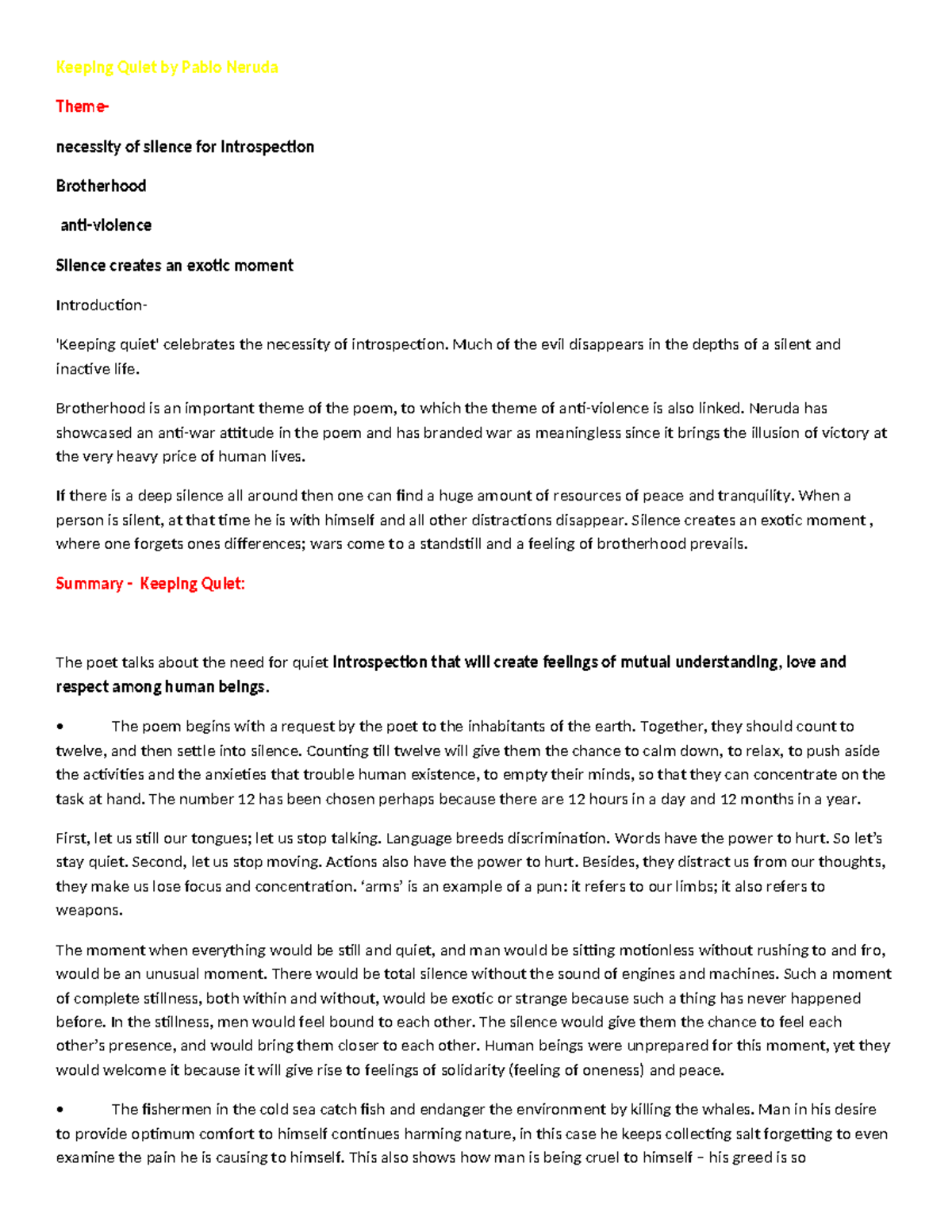 Keeping quiet summary - Keeping Quiet by Pablo Neruda Theme- necessity ...