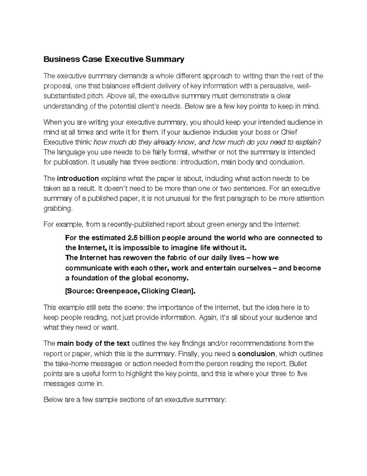 Executive summary sample - Business Case Executive Summary The ...