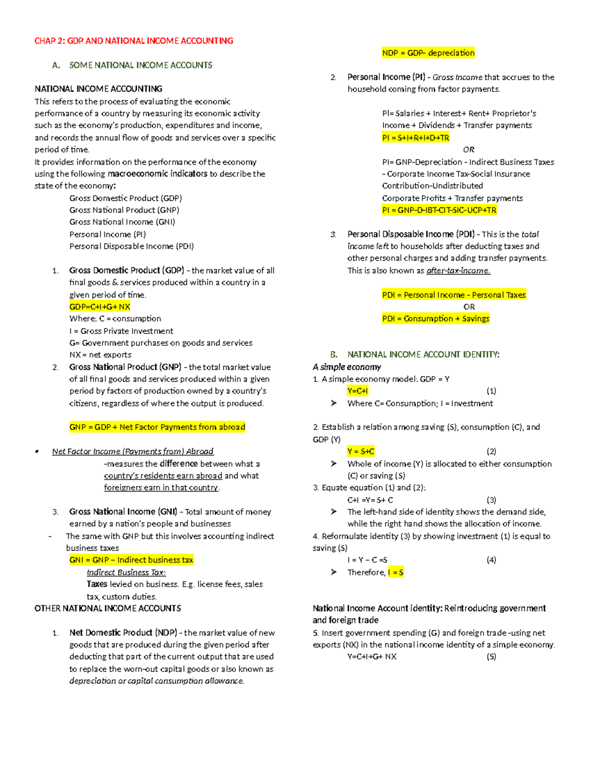 ECON - Notes - CHAP 2: GDP AND NATIONAL INCOME ACCOUNTING A. SOME ...
