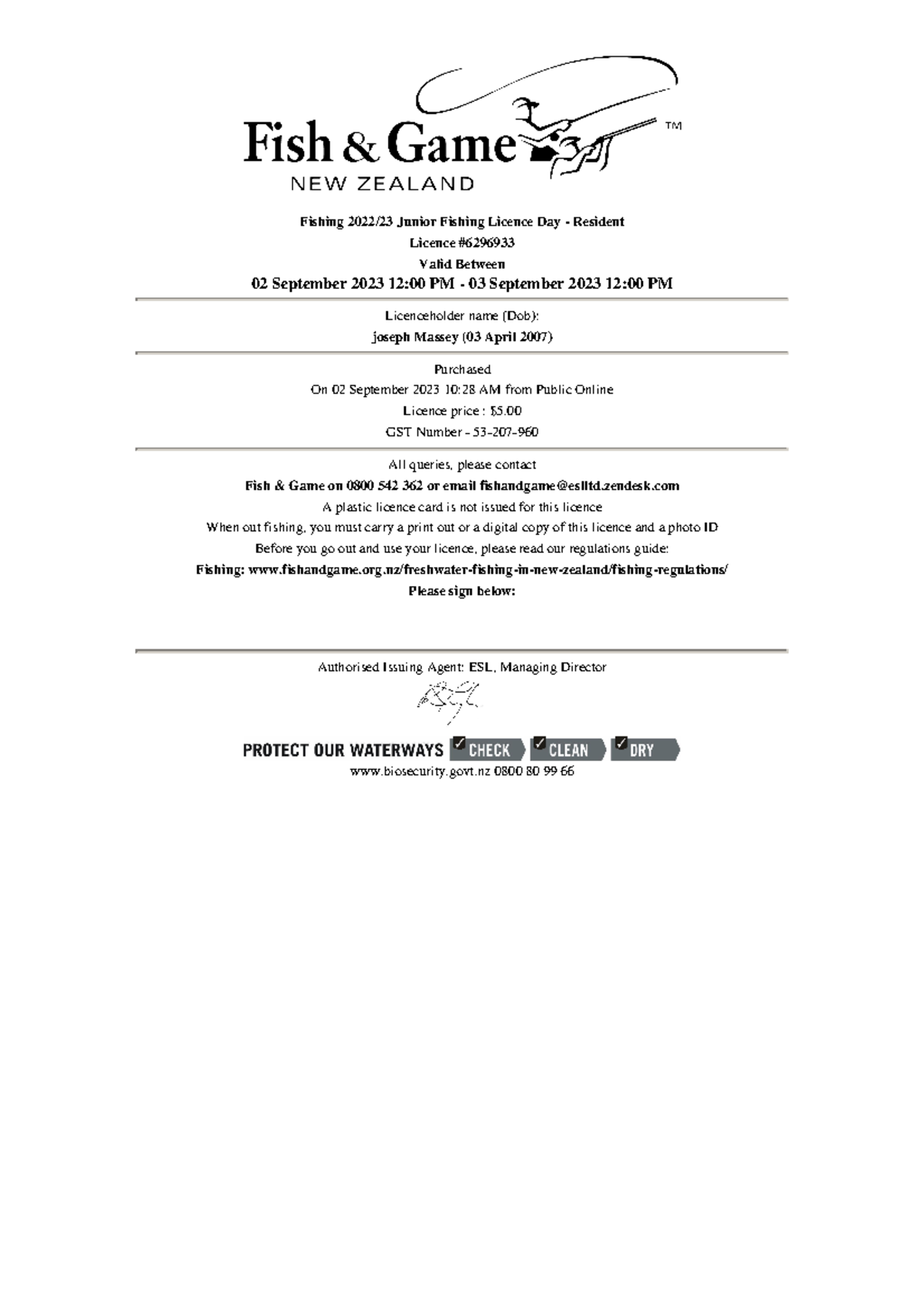 Fish & Game receipt - i like fish - Licence Valid Between 02 September ...