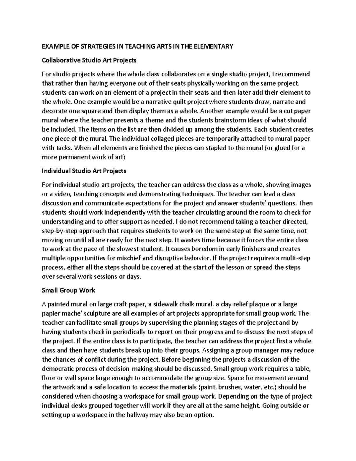 Example OF Strategies IN Teaching ARTS IN THE Elementary - EXAMPLE OF ...