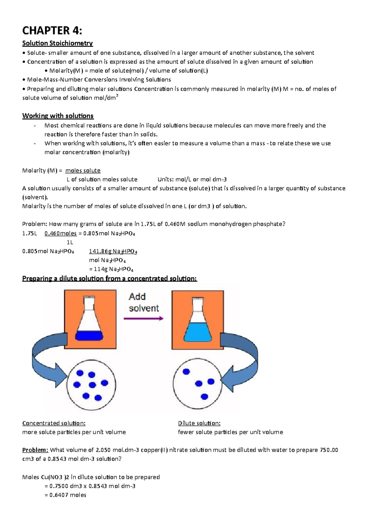 Topic 2 - CEM1000W - Module 2 - CHAPTER 4: Solution Stoichiometry Solute- smaller amount of one ...
