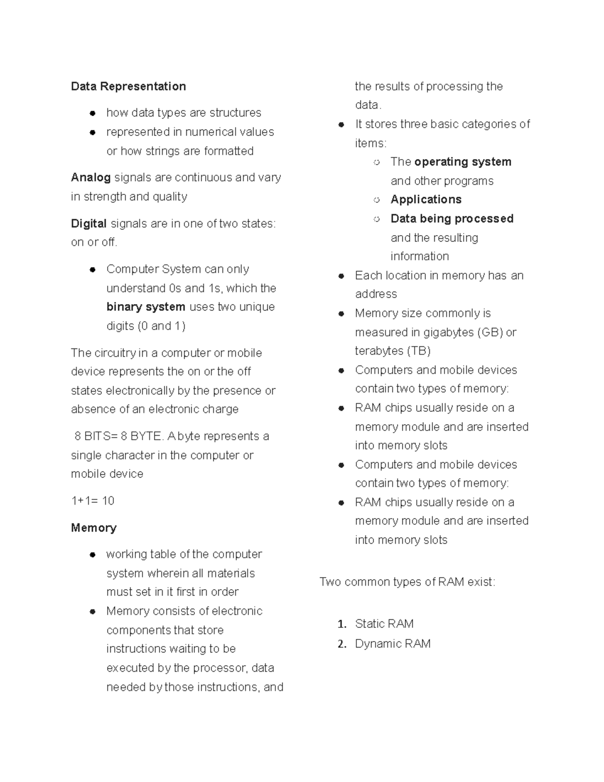 CFA WEEK 3 AND 4 - Summary of computer fundamentals - Data Representation how data types are ...