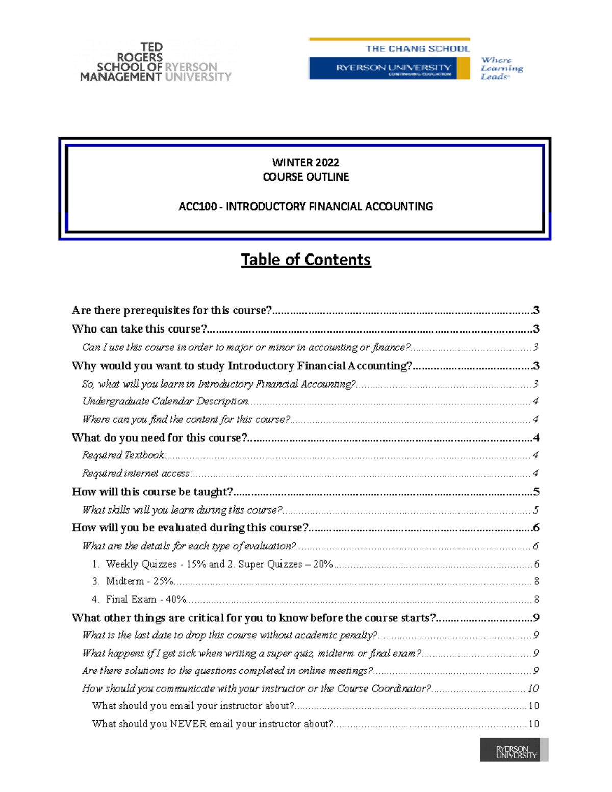 ACC100 syllabus - COURSE OUTLINE ACC100 - INTRODUCTORY FINANCIAL ...