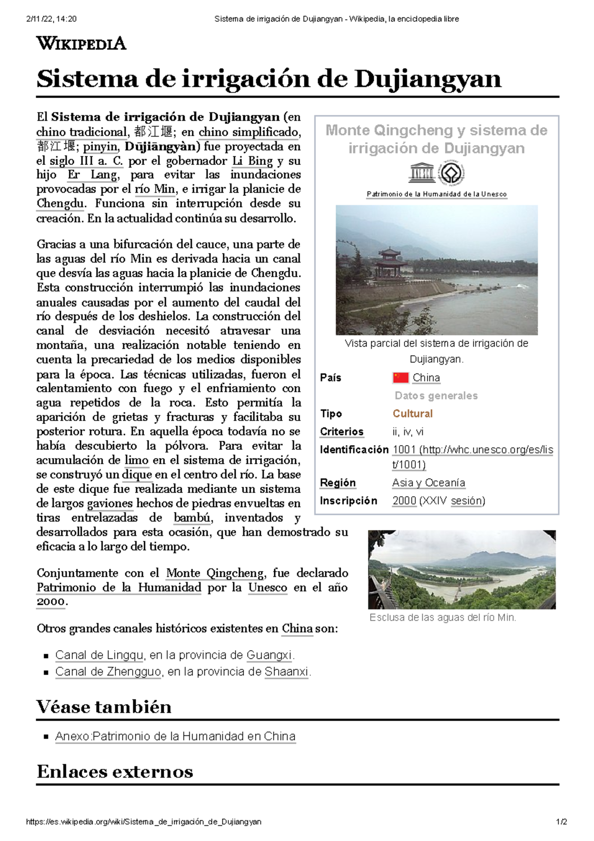 Sistema de irrigación de Dujiangyan - Wikipedia, la enciclopedia libre - 2/11/22, 14:20 Sistema ...